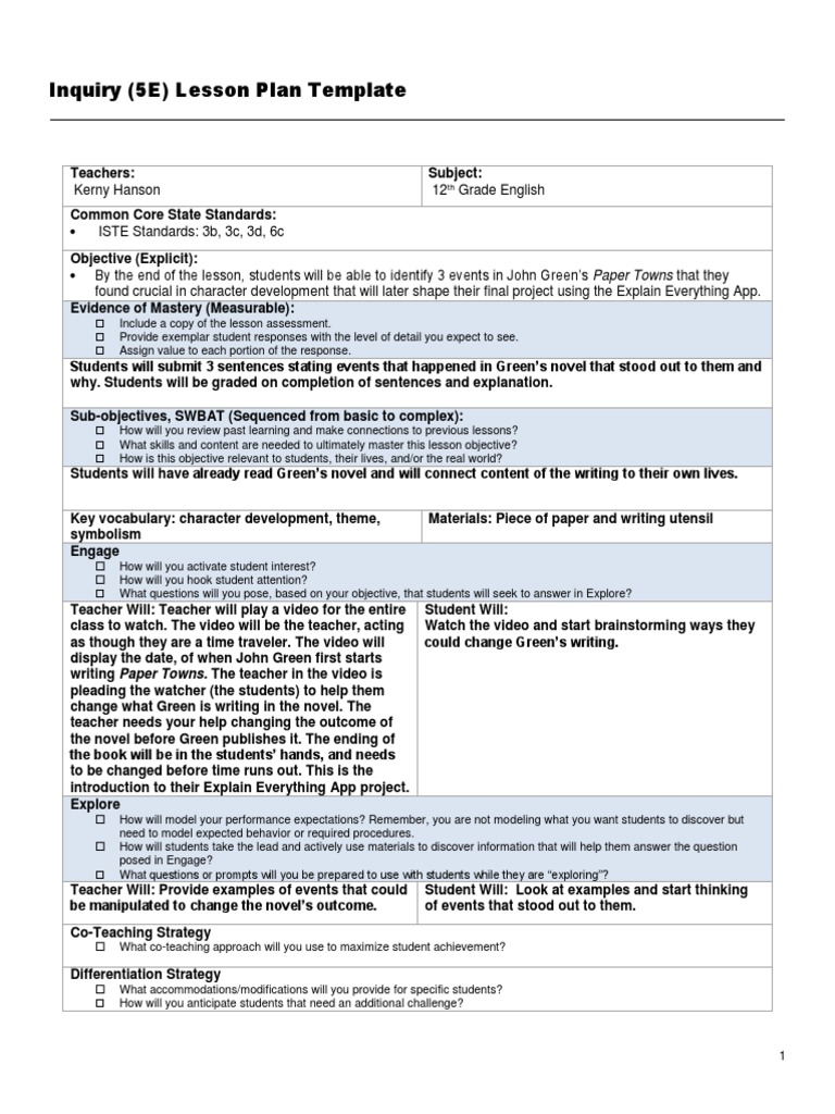 Inquiry (5E) Lesson Plan Template | PDF | Teachers | Lesson Plan