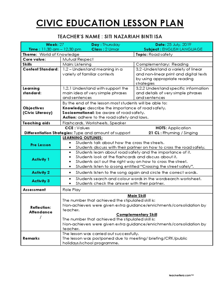 Civic Education Lesson Plan: Teacher'S Name: Siti Nazariah Binti Isa ...