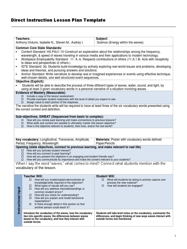 Direct Instruction Lesson Plan Template | PDF | Vocabulary | Learning