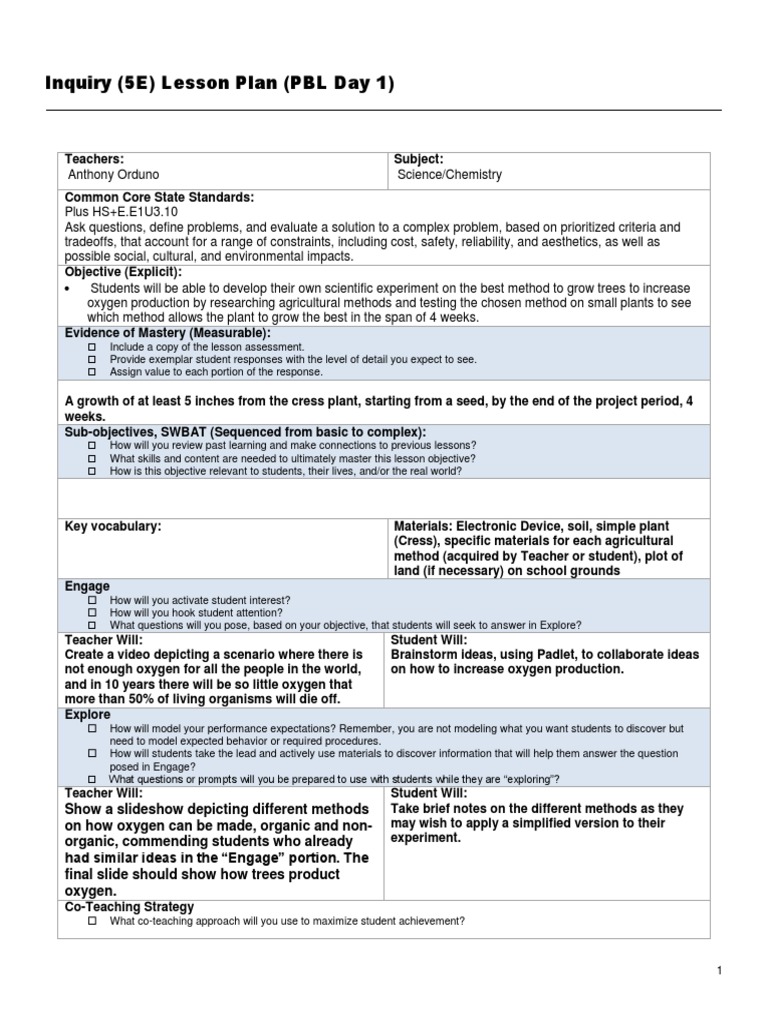 Inquiry (5E) Lesson Plan (PBL Day 1) | PDF | Experiment | Lesson Plan
