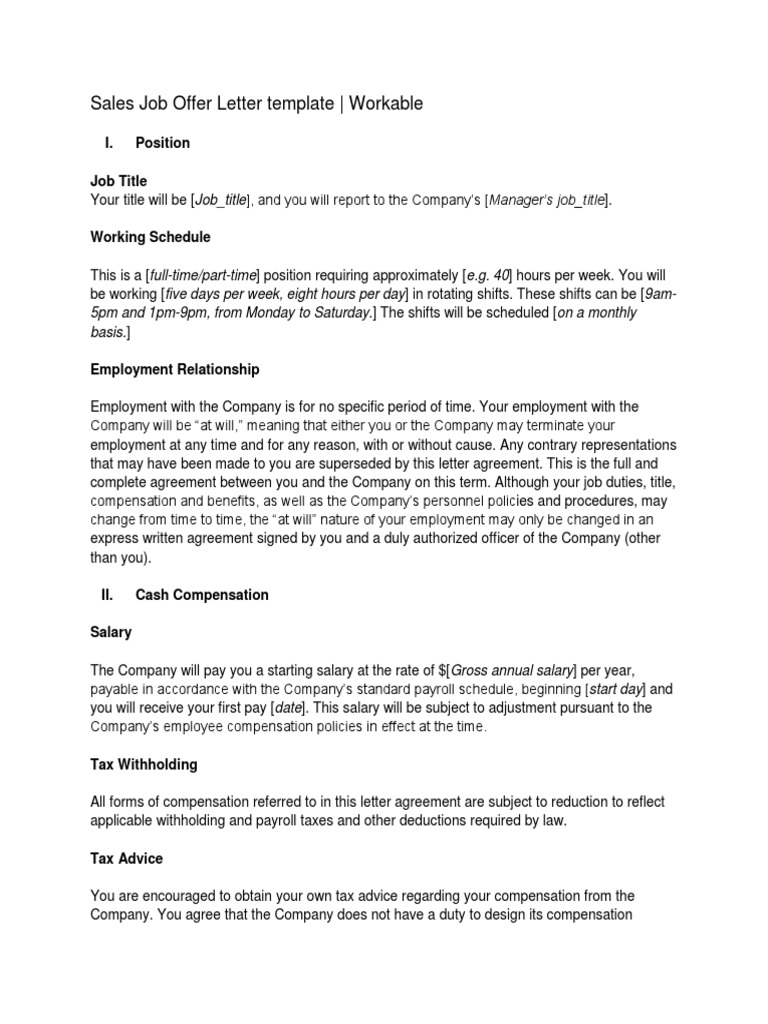 Sales Job Offer Letter Template | PDF | Employment | Withholding Tax