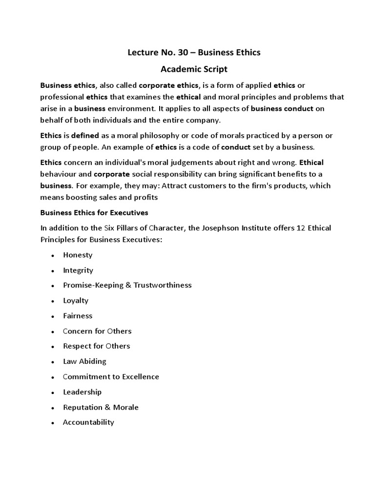 Lecture No. 30 - Business Ethics Academic Script | PDF | Business ...