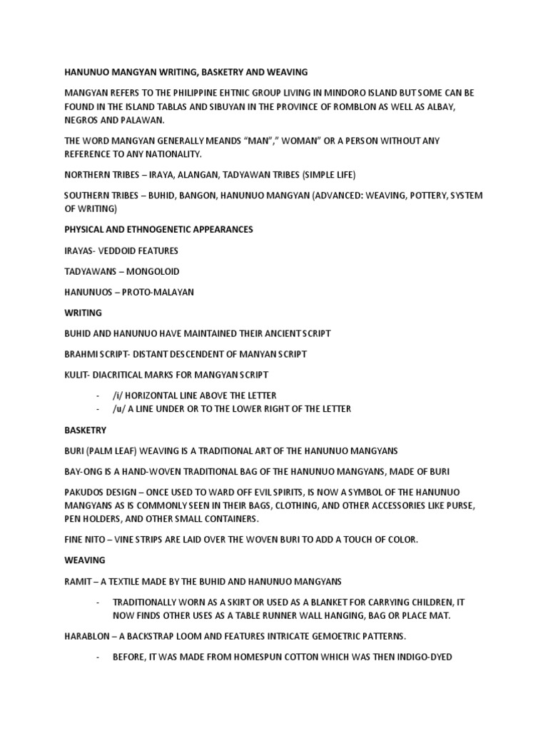 Hanunuo Mangyan Writing, Basketry and Weaving | PDF