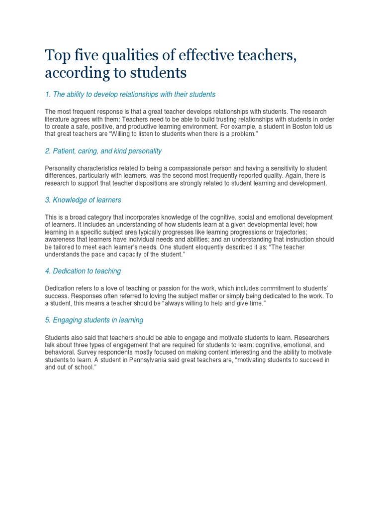Top Five Qualities of Effective Teachers | PDF