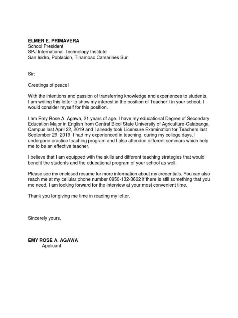 Application Letter | PDF | Teachers | Cognition