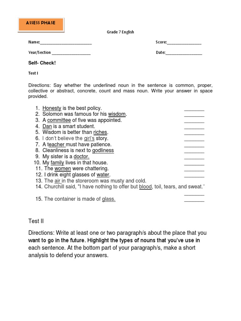 Grade 7 English Noun Types Assessment | PDF
