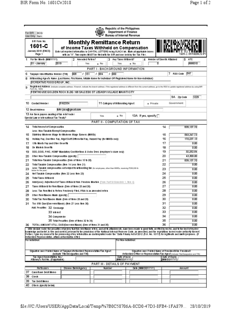 01.dcreative 1601c Jan2019 Final | PDF | Withholding Tax | Taxes