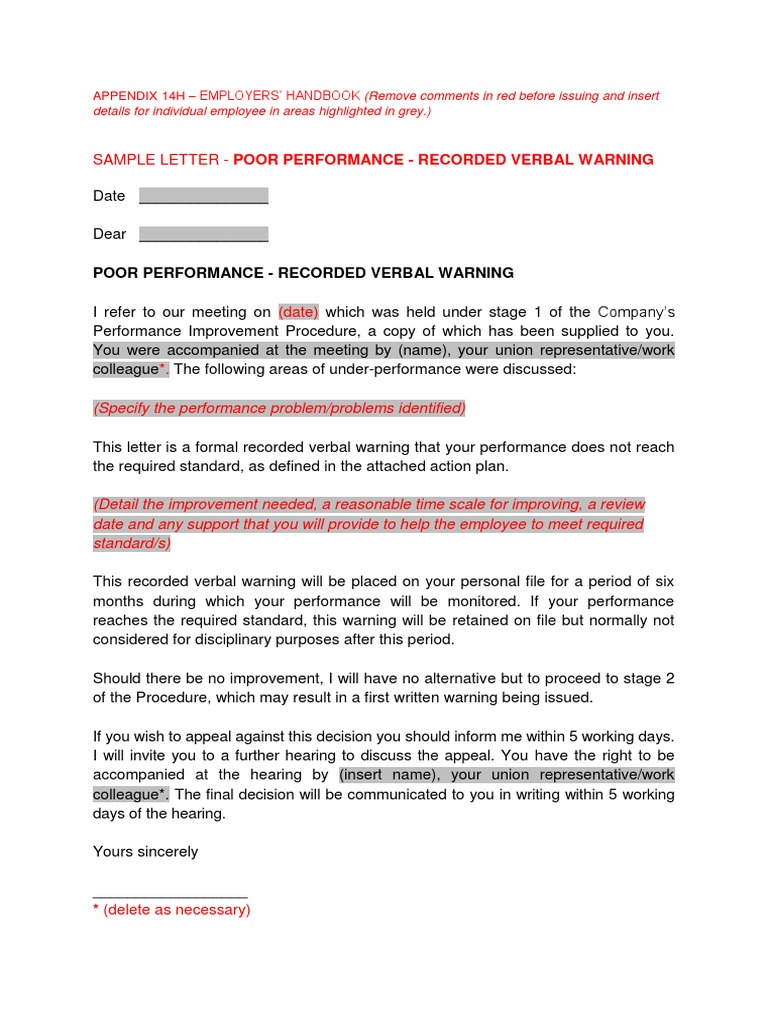 Poor Performance - Recorded Verbal Warning | PDF