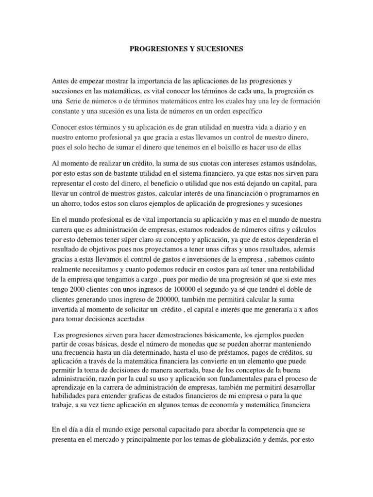 Ensayo Progresiones y Sucesiones | PDF | Interés | Finanzas Matemáticas