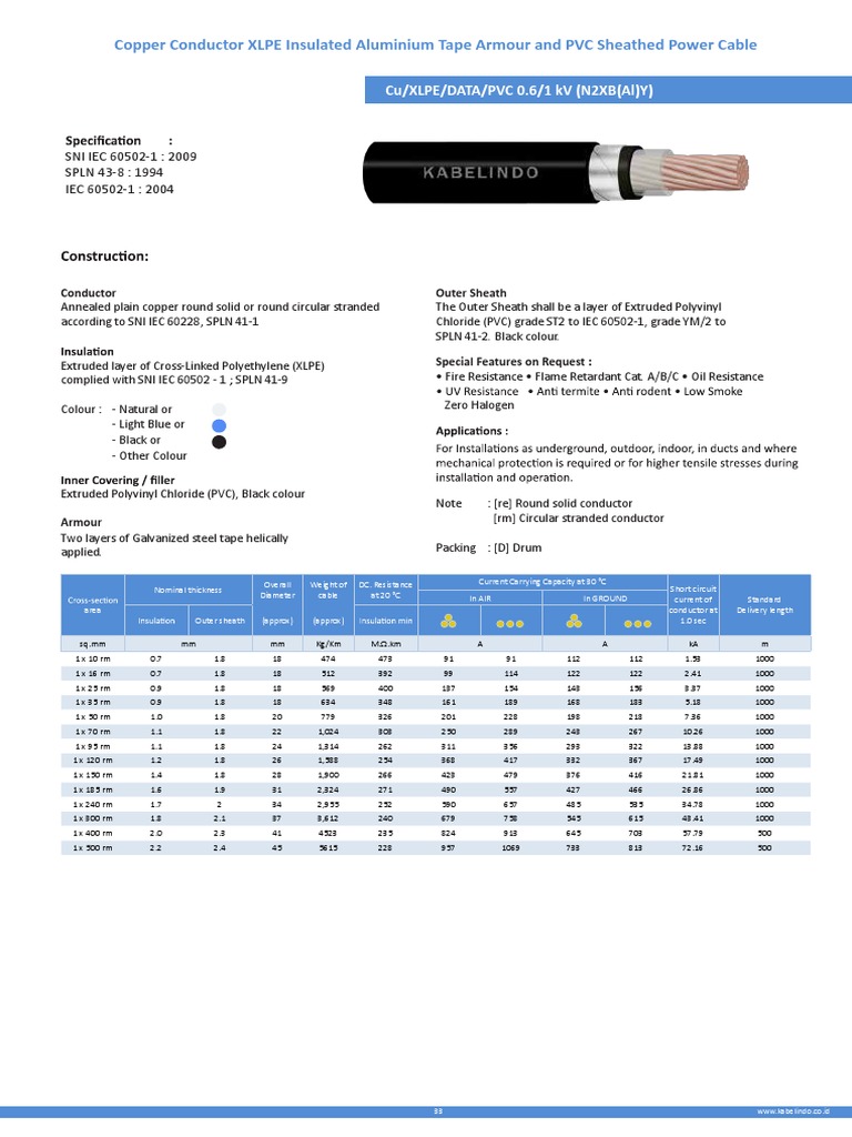 Cu Xlpe Dsta Pvc 0.6 1 Kv (n2xby) | Polyvinyl Chloride | Electrical ...