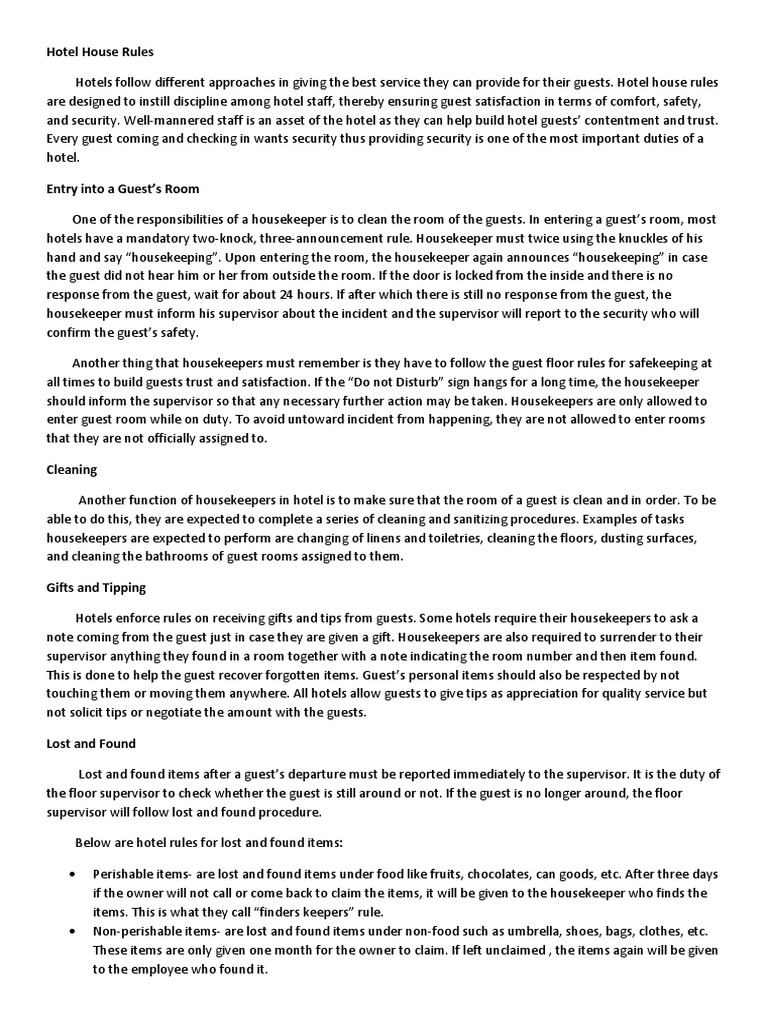 Hotel House Rules | PDF | Housekeeping | Personal Protective Equipment