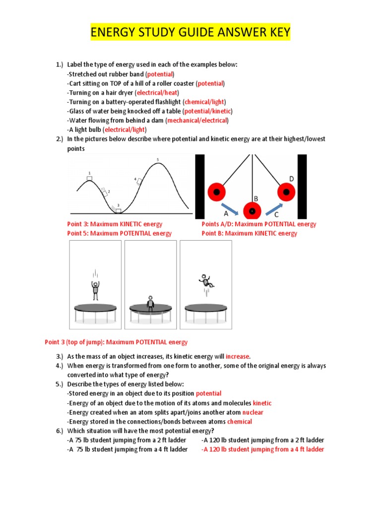 Energy Study Guide Answer Key | PDF | Potential Energy | Kinetic Energy