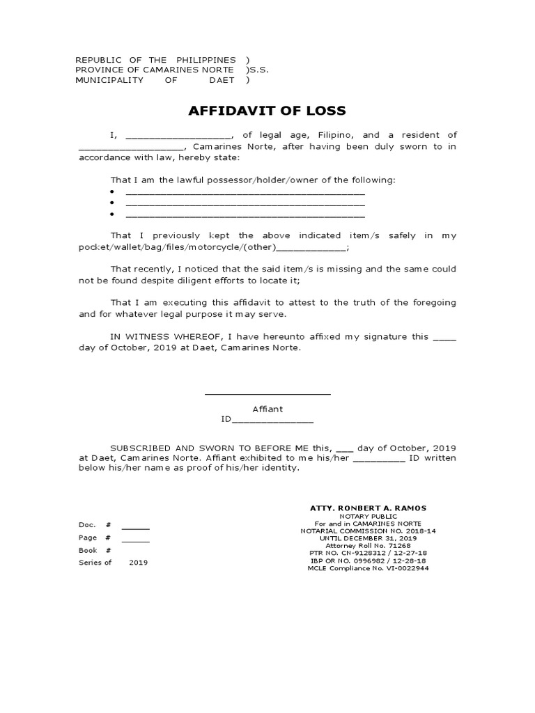 Affidavit of Loss TEMPLATE | PDF