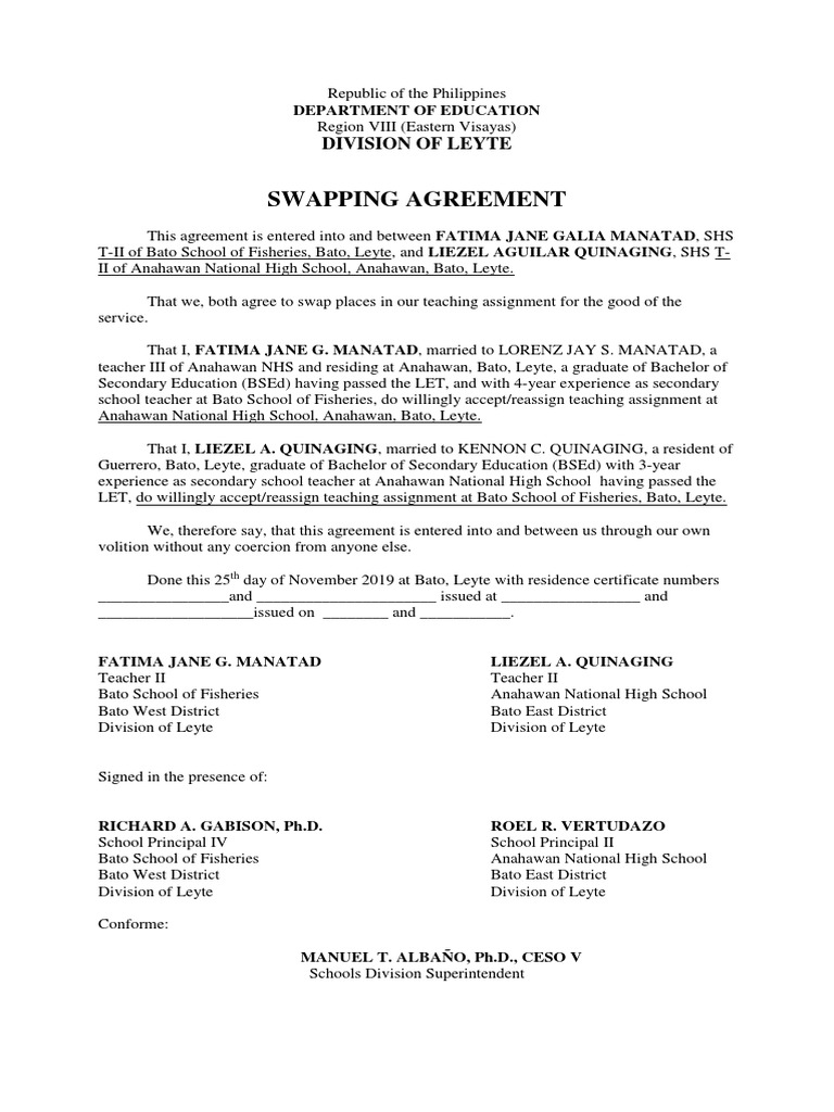 Swapping Agreement: Division of Leyte | PDF | Learning