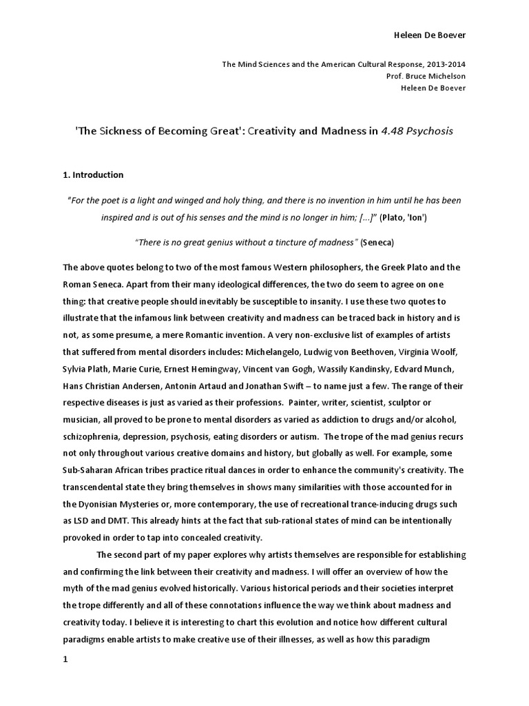 'The Sickness of Becoming Great': Creativity and Madness in 4.48 Psychosis | Download Free PDF ...