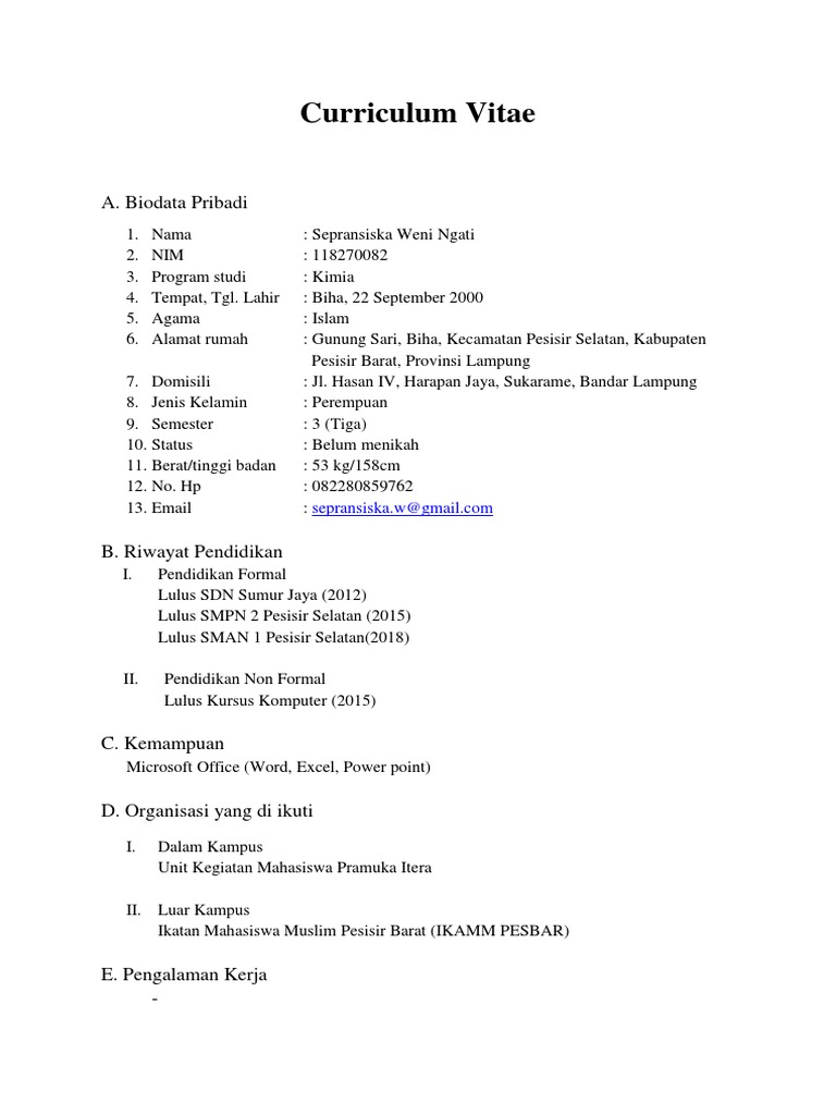 Curriculum Vitae Weni Asprak | PDF | Karier & Perkembangan ...