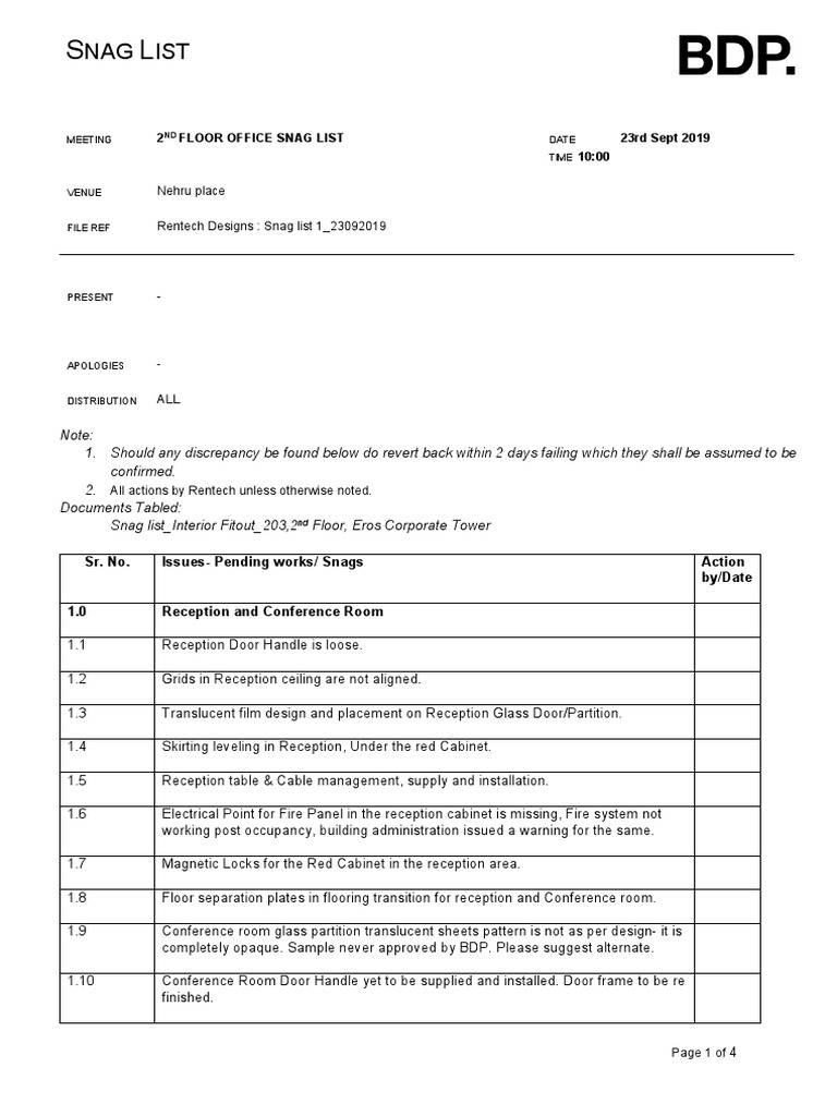 Snag List | PDF | Wall | Building Engineering