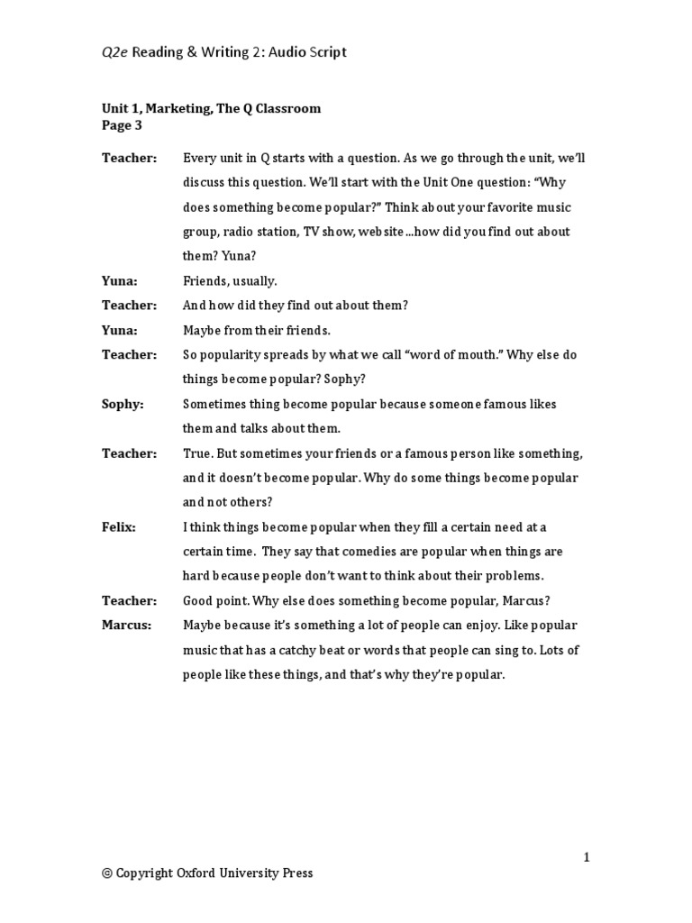 Q2e Rw2 Q Classroom Audioscripts | PDF