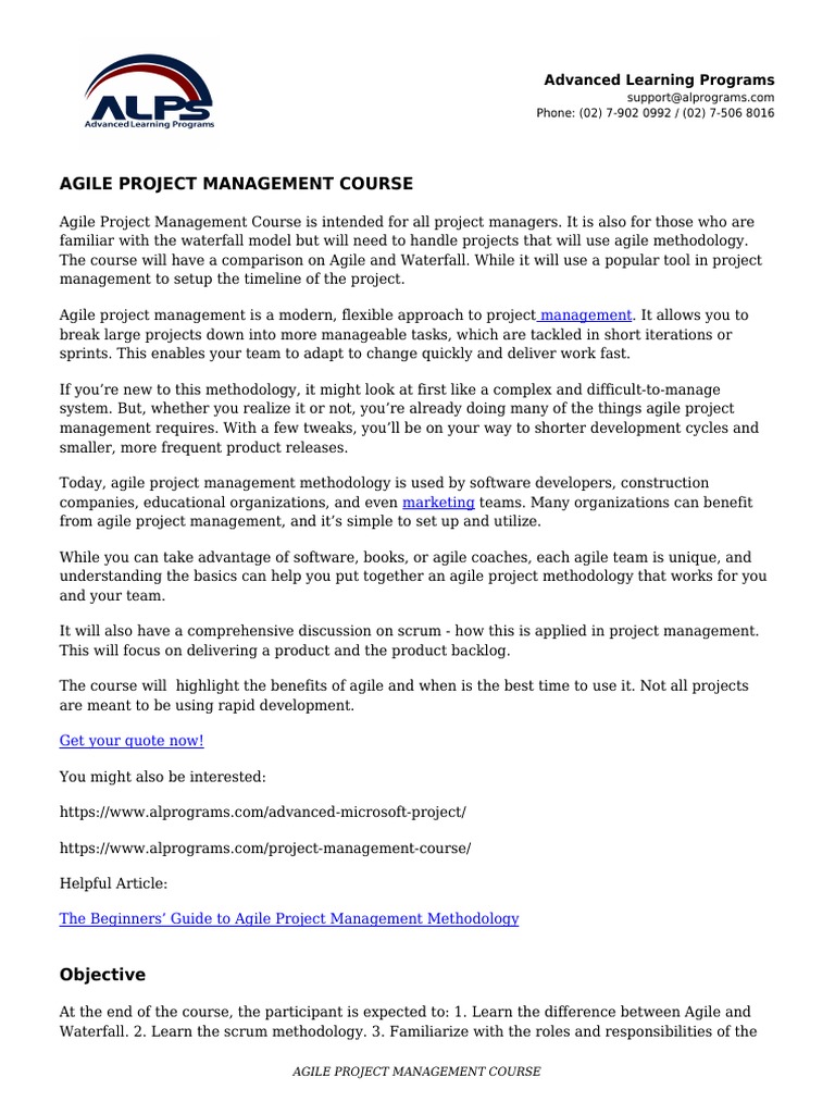 Agile Project Management Course Course Outline Pdf Agile Software