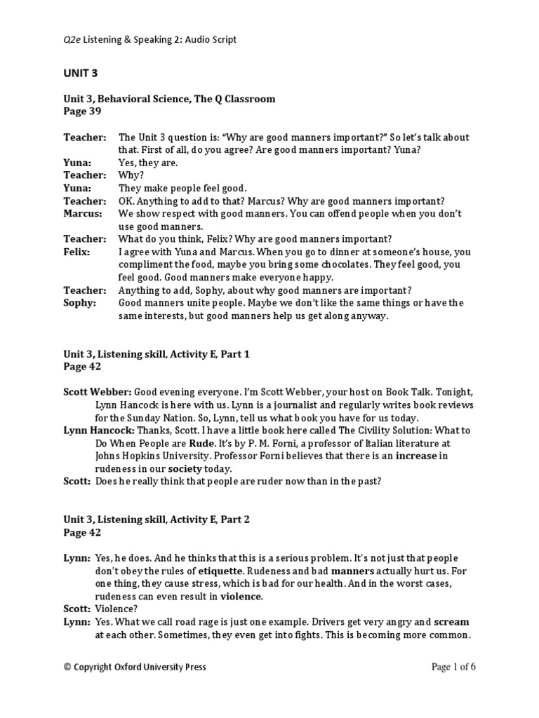 Q2eSE LS2 U03 AudioScript | PDF | Etiquette | Teachers