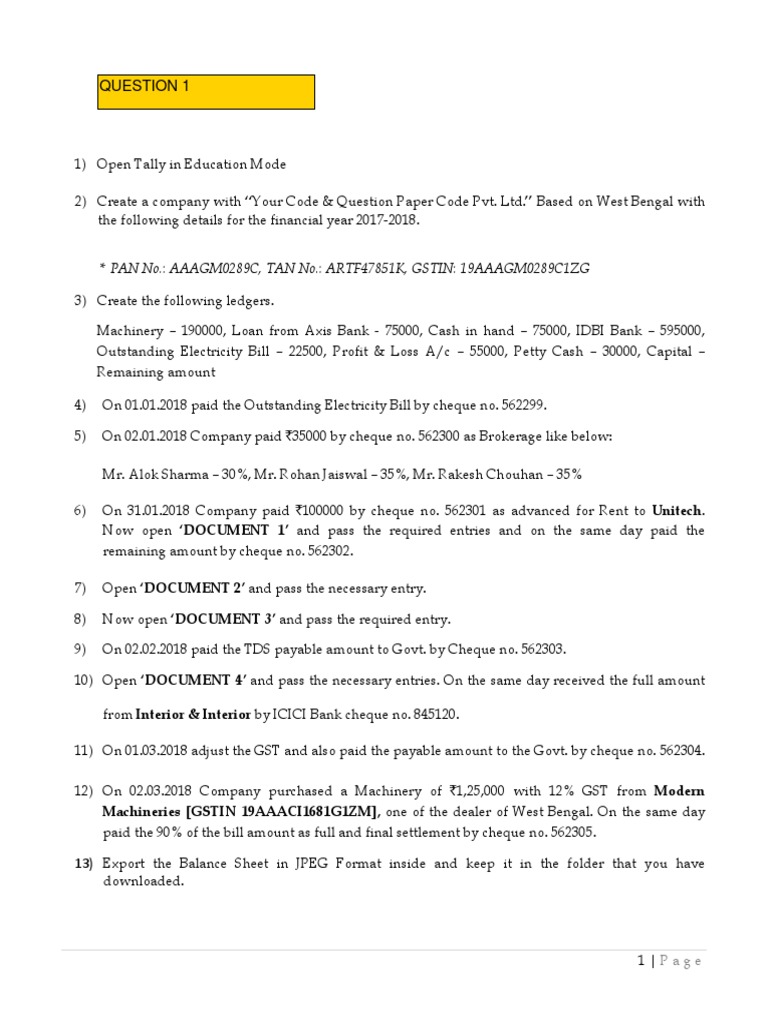 Tally GST Assignment Question PDF | PDF | Invoice | Cheque