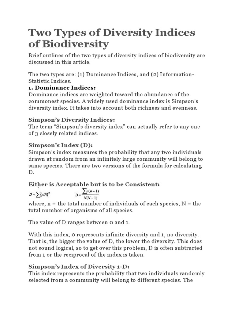 2 Types of Diversity Indices of Biodiversity | PDF | Statistical Theory ...