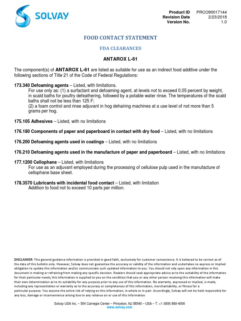 Food Contact Statement: Antarox L-61 Antarox L-61 | Download Free PDF ...