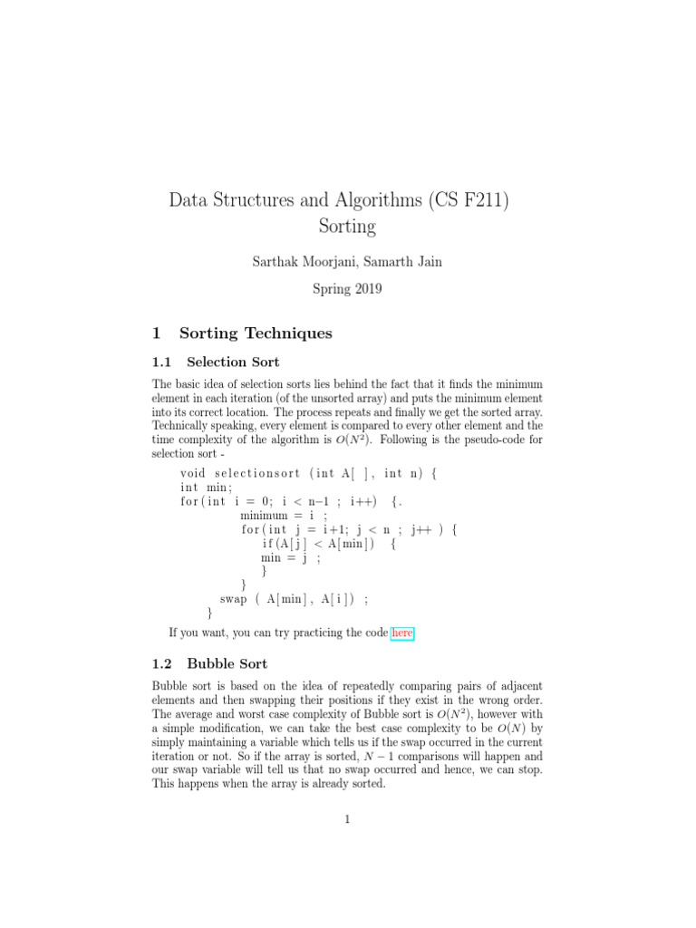 Data Structures And Algorithms Cs F211 Sorting Pdf Mathematical Concepts Algorithms 3570