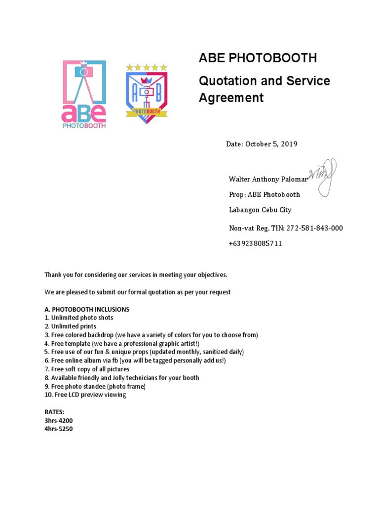 101AB Photobooth Quotation and Service Agreement in General | PDF ...
