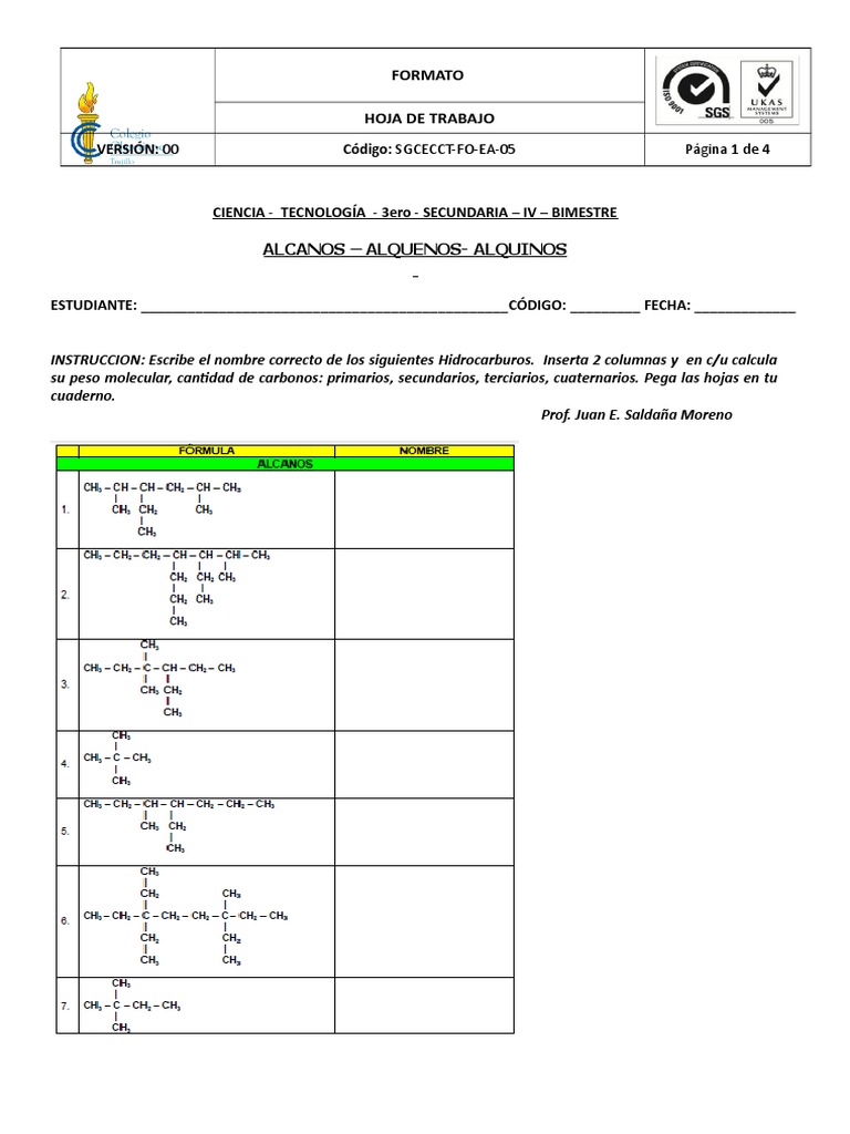 3ero ALCANOS ALQUENOS ALQUINOS EJERCICIOS | PDF