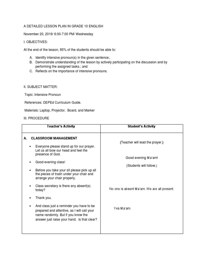 Detailed Lesson Plan Intensive Pronoun | PDF | Pronoun | Grammatical Number