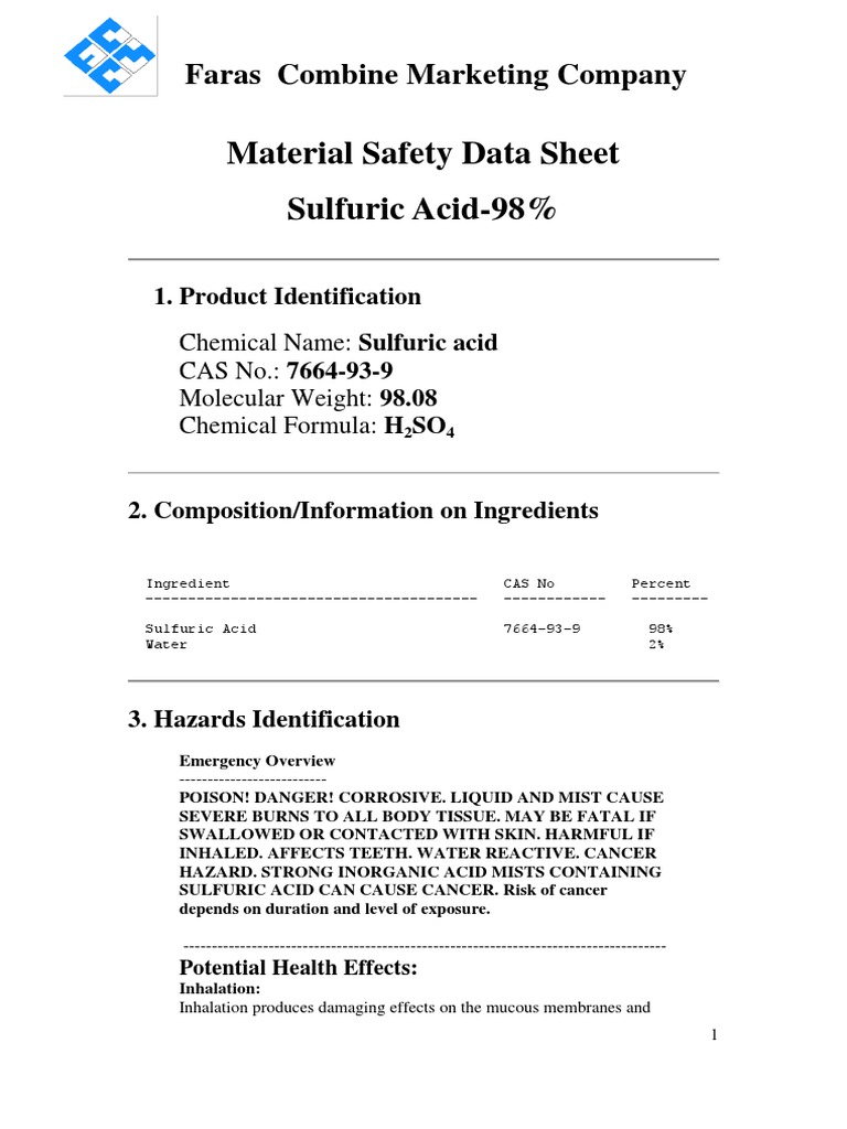 H2so4 MSDS | PDF | Sulfuric Acid | Personal Protective Equipment