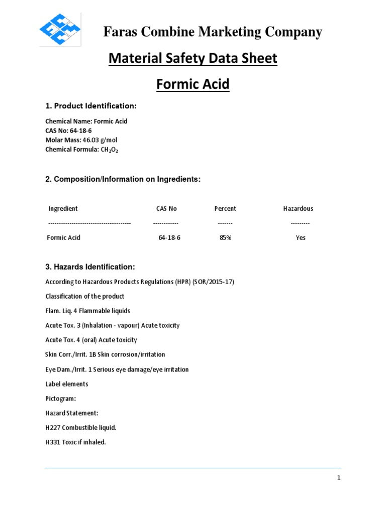 Material Safety Data Sheet Formic Acid | PDF | Toxicity | Biodegradation