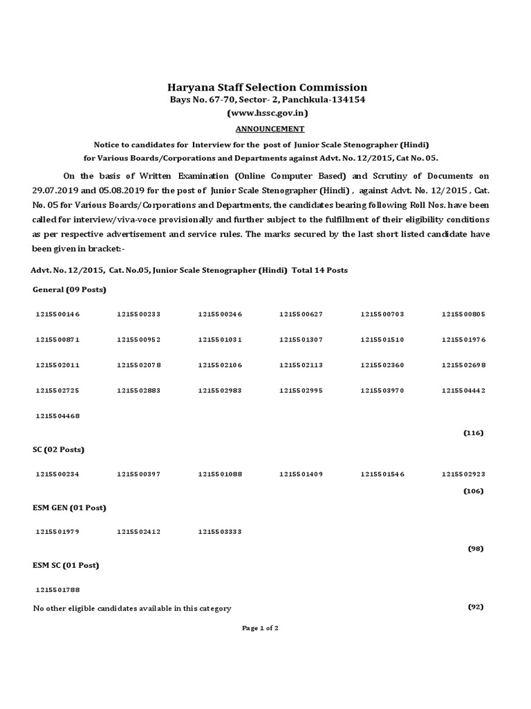 Haryana Staff Selection Commission: (WWW - Hssc.gov - In) Bays No. 67 ...