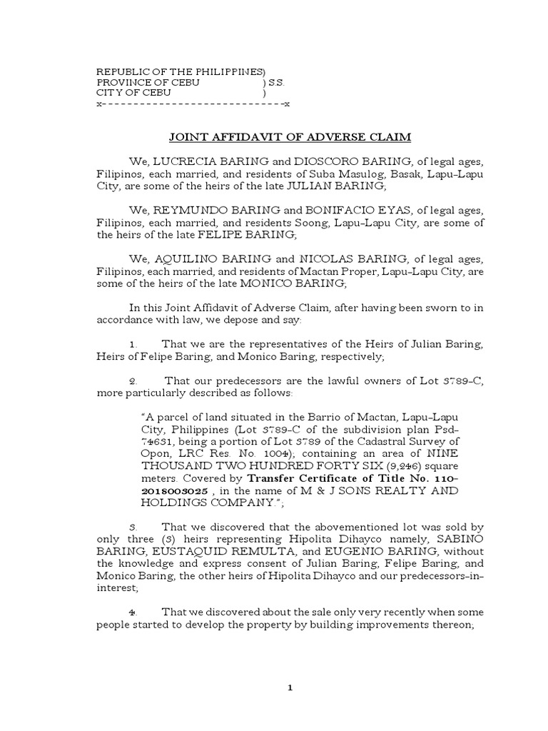 Baring - Affidavit of Adverse Claim | PDF | Natural Resources Law ...