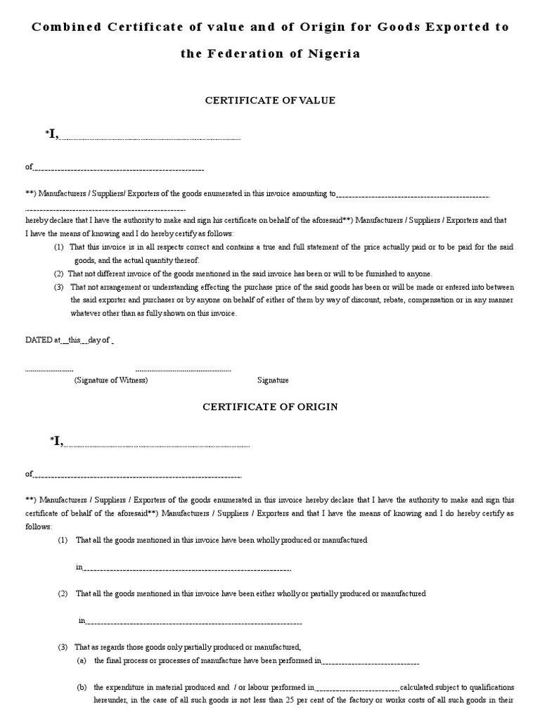 CCVO Certificate for Nigeria Exports | PDF | Cost | Prices