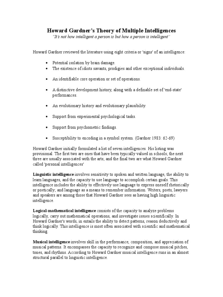 Howard Gardner Theory of Multiple Intelligences | PDF | Intelligence ...
