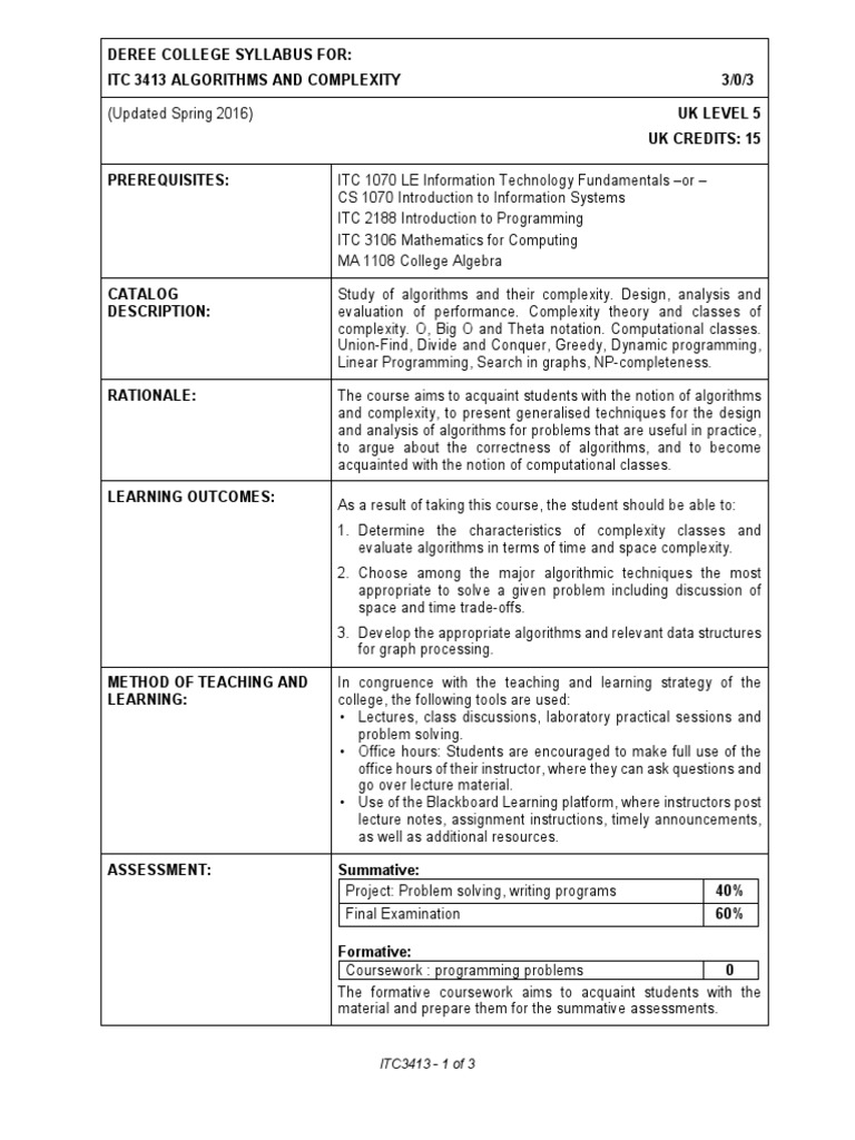 Deree College Syllabus For: Itc 3413 Algorithms and Complexity 3/0/3 Uk ... Deree College Syllabus For: Itc 3413 Algorithms and Complexity 3/0/3 Uk ...