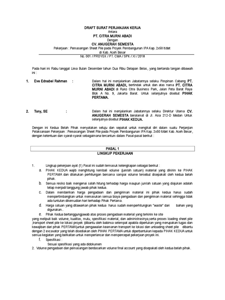 Draft Spk-Sheet Pile Subkontraktor | PDF