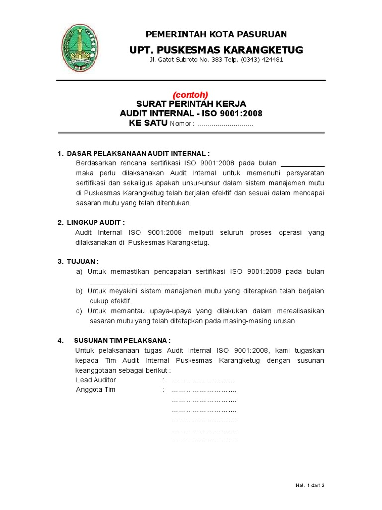 Surat Perintah Kerja Audit ISO 9001 | PDF | Bisnis | Pengelolaan ...