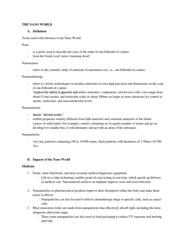 The Nano World A. Definition | PDF | Nanotechnology | Nanoparticle