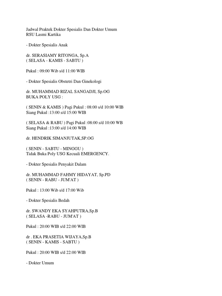 Jadwal Praktek Dokter Spesialis Dan Dokter Umum Pdf