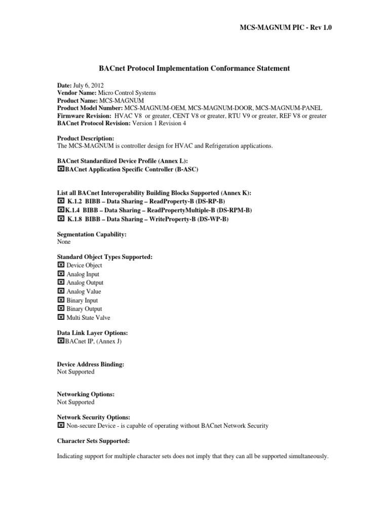 Bacnet Protocol Implementation Conformance Statement: Mcs-Magnum Pic - Rev 1.0 | PDF | Computers