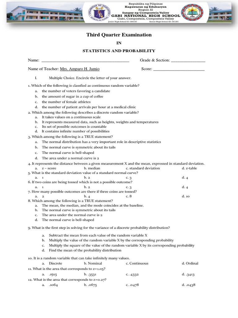Third Quarter Examination: IN Statistics and Probability | PDF | Mean ...
