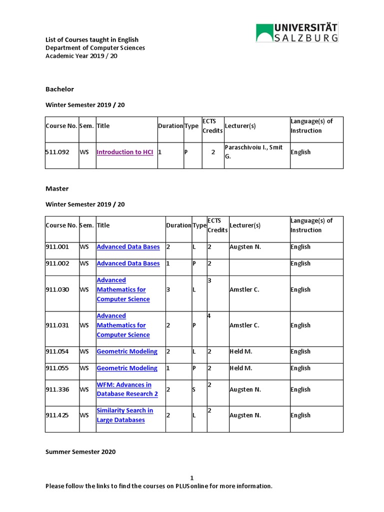 English Courses in Computer Science 2019 | PDF | Computer Science ...
