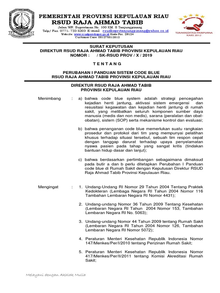 Perubahan I Panduan Sistem Code Blue RSUD Raja Ahmad Tabib Provinsi ...