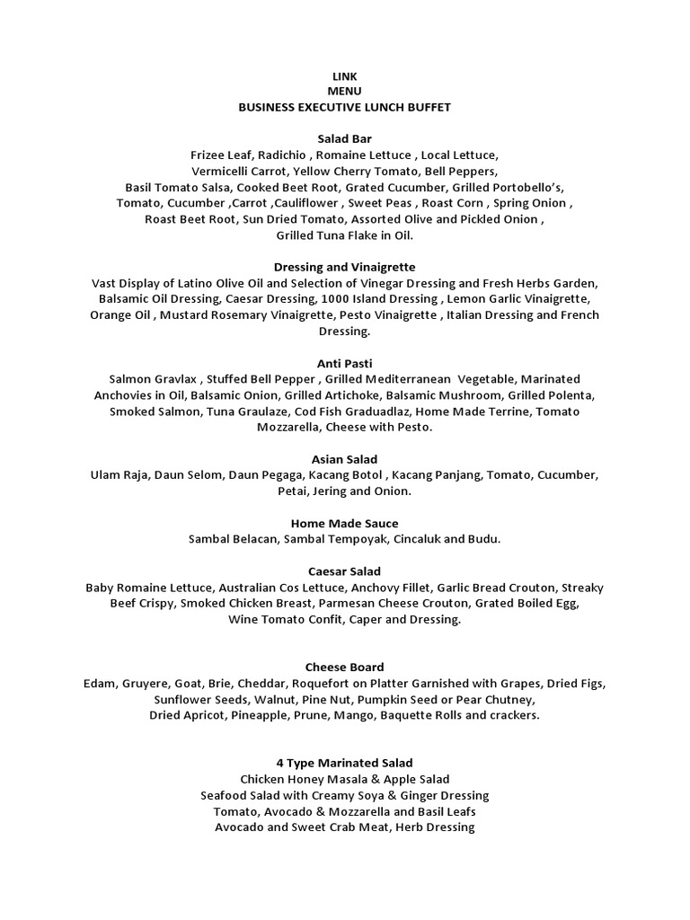 Business Executive Lunch Buffet Salad Bar: Link Menu | PDF | Sushi | Salad