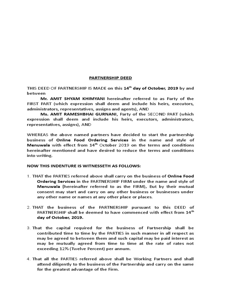 Sample Partnership Deed | PDF | Partnership | Justice
