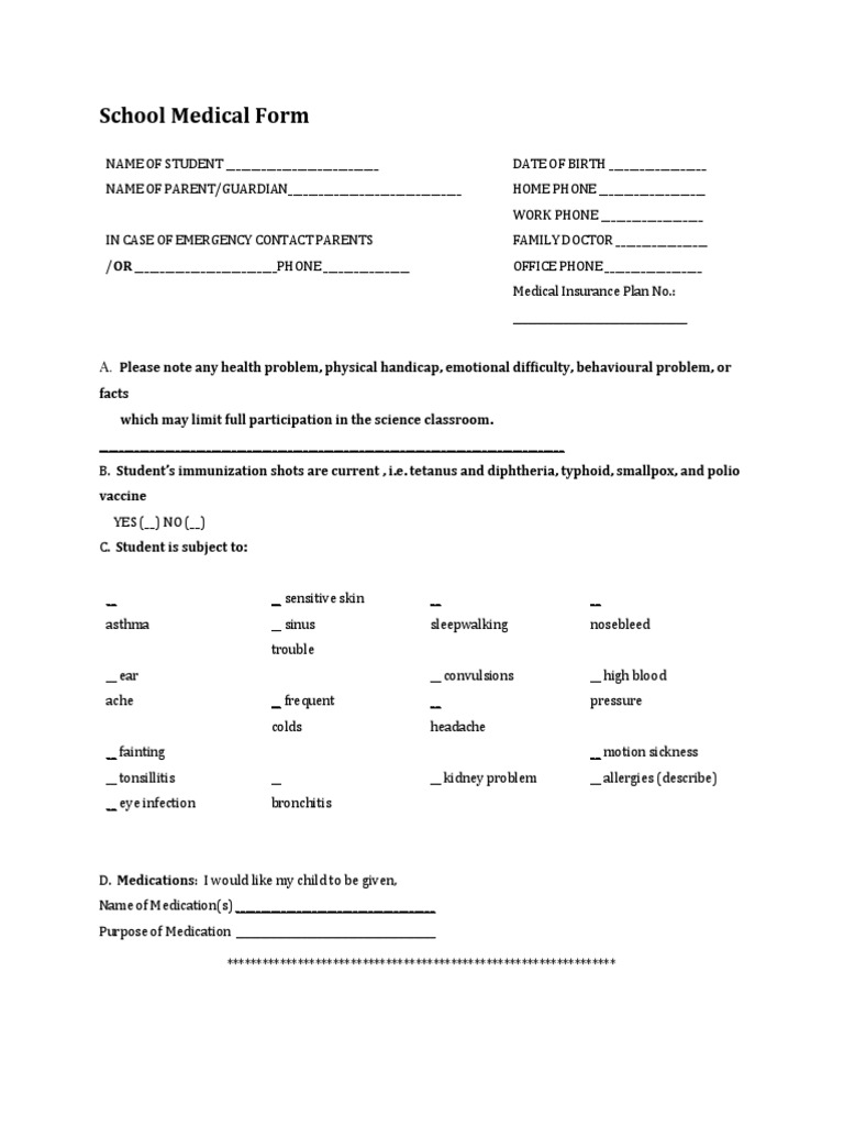 School Medical Form | PDF | Rtt | Vaccination
