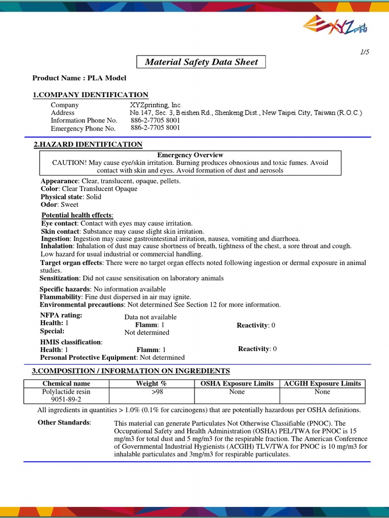Material Safety Data Sheet: Product Name: PLA Model | Download Free PDF ...